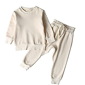 Gicrk Simple Toddler Baby Jogger Sets Girl Boy Kids Clothes Casual Long Sleeve Sweatshirts Tops Pants Two Piece Outfits (Cream, 3T)