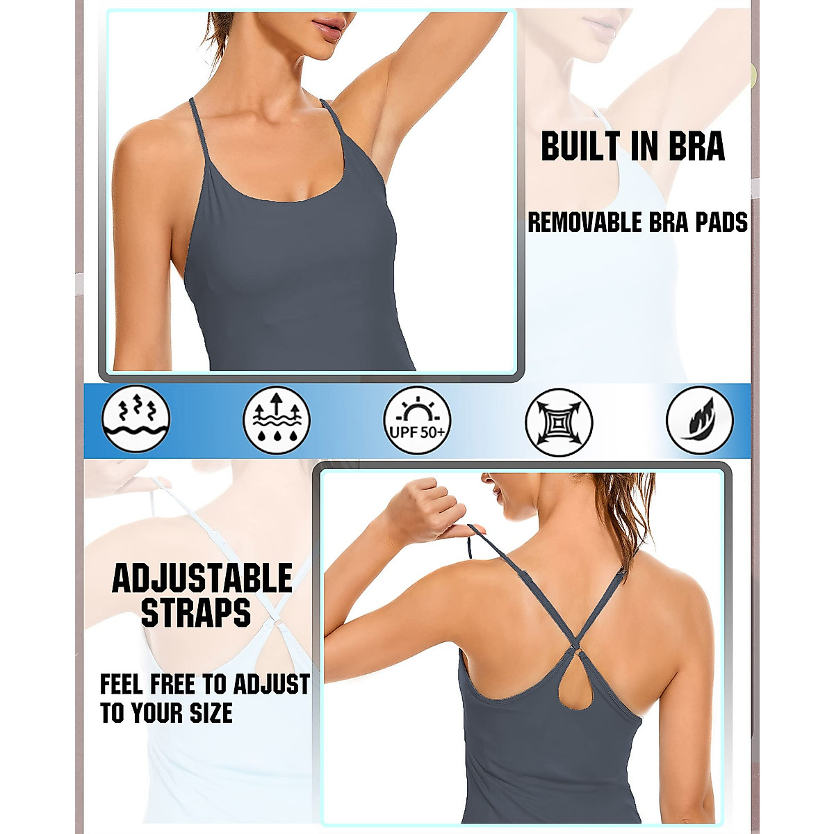 POWERASIA Women’s Tennis Dress Exercise Dress with Built-in Bra & Shorts Workout Golf Athletic Sleeveless Dress with Pockets Dark Grey