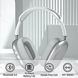 Wireless Headphones Over-Ear Bluetooth Adjustable Headphones 42 Hours of Listening Time Volume Control, Fitting in Gaming/Running/Sports Headphones for iPhone/Android/Samsung - Silver