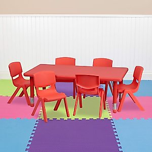 EMMA + OLIVER 24" W x 48" L Red Plastic Adjustable Activity Table Set-6 Chairs