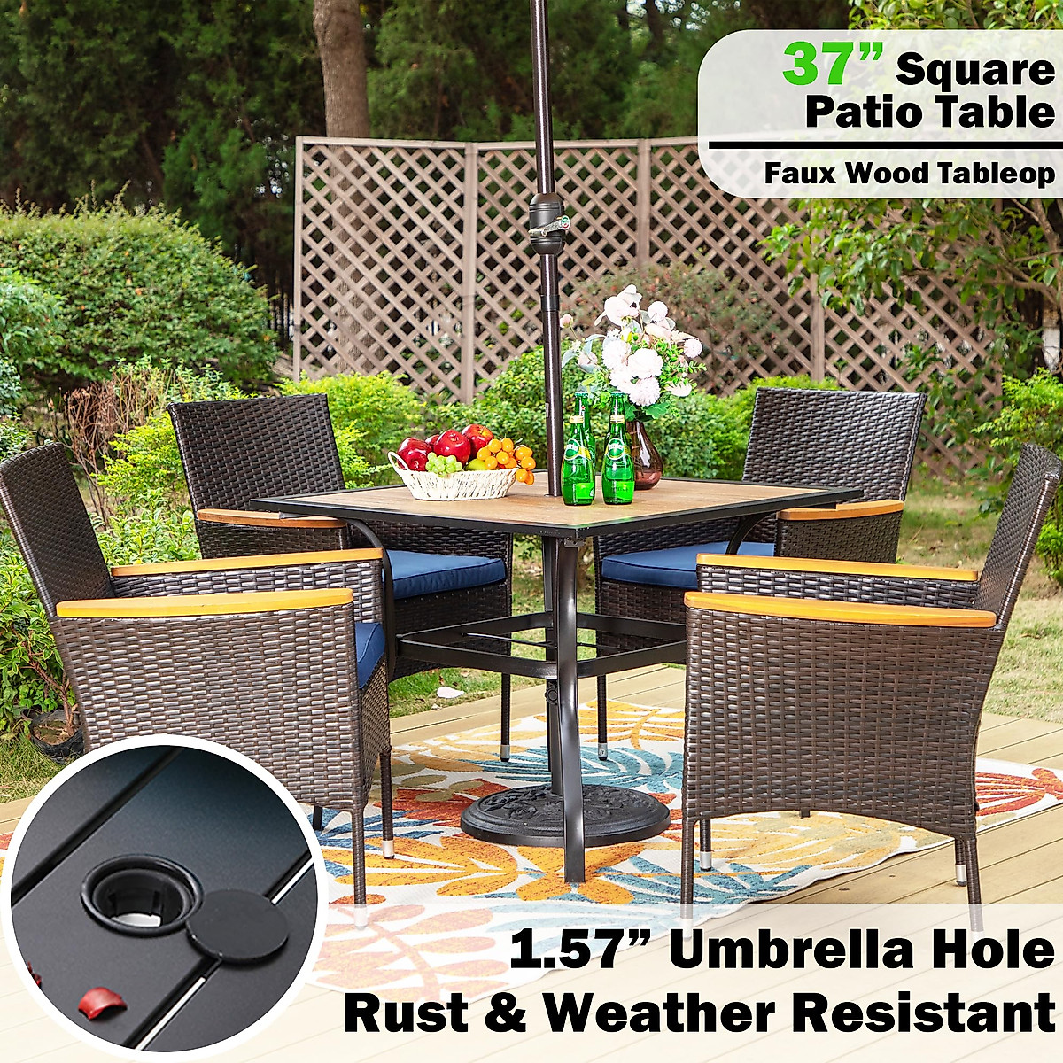 Sophia & William 5 Pieces Outdoor Furniture with 9ft Navy Patio Umbrella, Outdoor Patio Dining Set for 4 People, Square Faux Wood Patio Table and Rattan Chairs, Patio Furniture Set with Seat Cushions