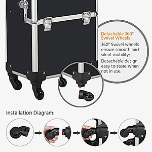 Yaheetech Rolling Makeup Train Case 3 in 1 Cosmetic Makeup Case Large Aluminum Trolley Makeup Travel Case Professional Rolling Cosmetic Beauty Storage, with 360° Swivel Wheels, Black