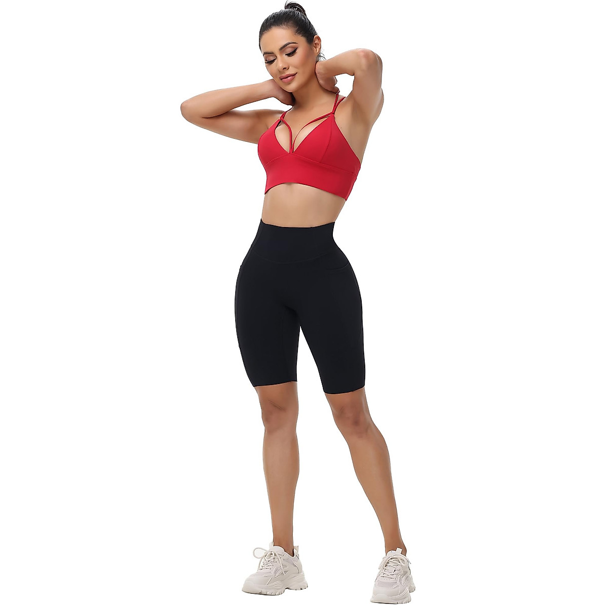 MotoRun Womens Push-up Padded Strappy Sports Bra Cross Back Wirefree Fitness Yoga Top Red-383 M