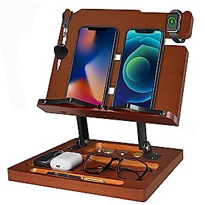 NIUXX Wood Book Shelf Adjustable, Nightstand Organizer for Phone Watch Coins Key, Foldable Tablet Holder Laptop Rack Desktop Docking Station for Office, Men Husband Wife Anniversary Graduation Gift