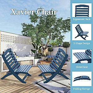 VSMKSJ All-Weather Portable Adirondack Chairs Set of 2,HDPE Plastic Xavier Chair,FirePit Chairs, Navy Blue