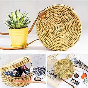 Kbinter Handwoven Round Rattan Straw Bag for Women Shoulder Leather Button Straps Natural Chic Handmade Boho Bag Bali Purse (1 Pack)