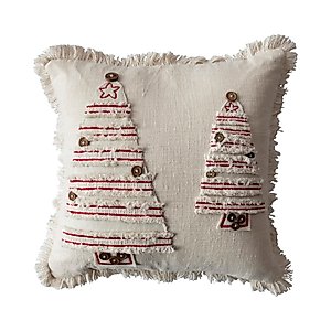 Creative Co-Op Square Cotton Pillow with Embroidered Tree and Fringe, Natural and Red