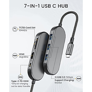 USB C Hub, SAILLIN 7 in 1 USB C Multiport Adapter, Aluminum USB C Dongle with 3 USB 3.0 Ports, 4K HDMI, SD/TF Card Reader, 100W Power Delivery Compatible with MacBook Pro, MacBook Air, iPad Pro, XPS