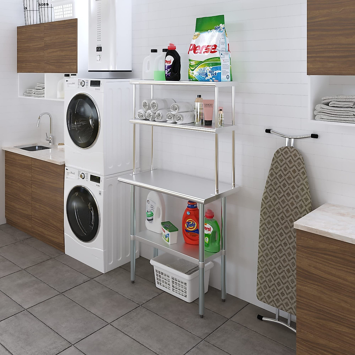 18" x 36" Stainless Steel Work Table with 12" Wide Double Tier Overshelf | Metal Kitchen Prep Table & Shelving Combo