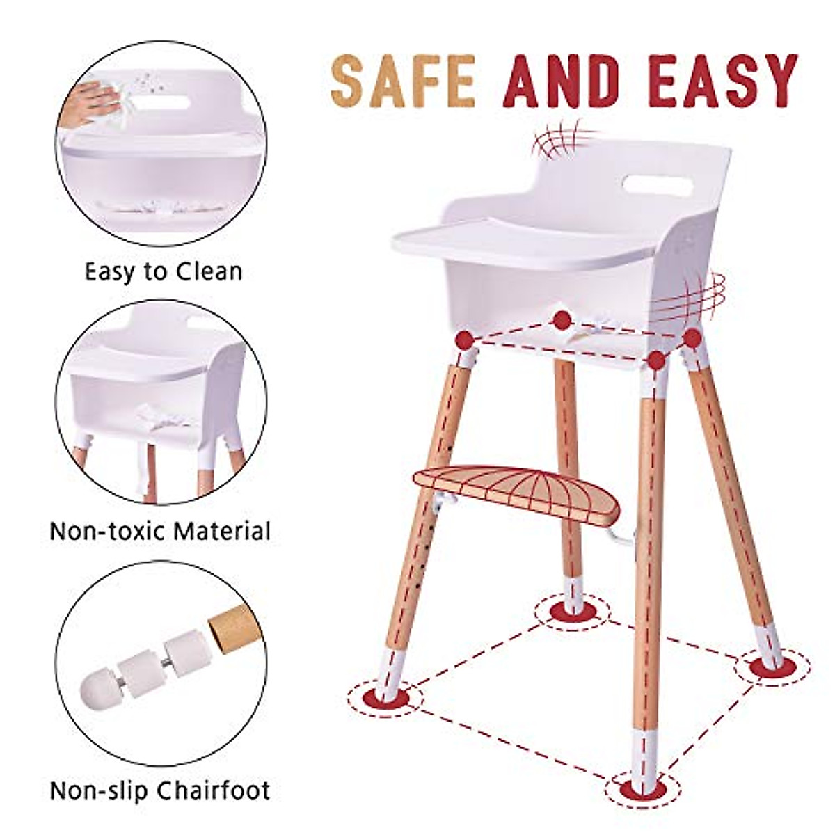 Tiny Dreny Wooden Baby High Chair | High Chair for Babies and Toddlers | 3-in-1 Baby High Chair Grows up with Family | Highchair with Adjustable Footrest and Removable Tray