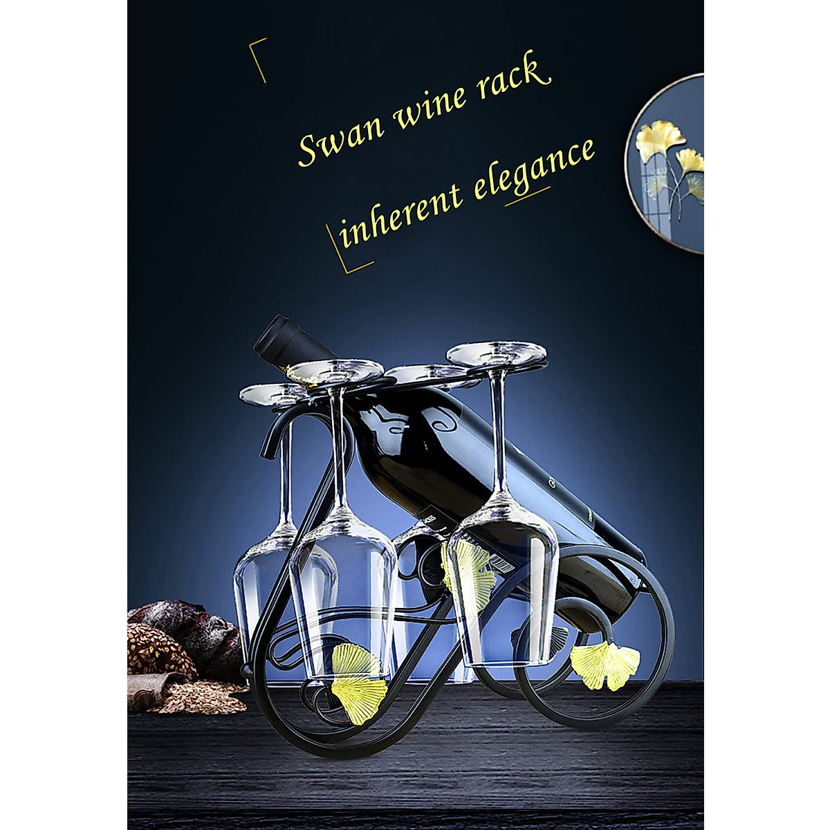 Homya Wine Rack - Under Cabinet Goblet Wine Bottle Holder Glass Storage Rack Metal Storage Rack for Easy Access and Storage of Wine Glasses Black Swan 4 Glasses + 1 Bottle