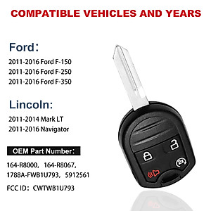 KRSCT Keyless Entry Remote Car Key Fob Fit for Ford 2011-2016 F-150 F-250 F-350/Lincoln/Mercury/Mazda 4-Button Key Replacement for Ford Key F-150 (CWTWB1U793)