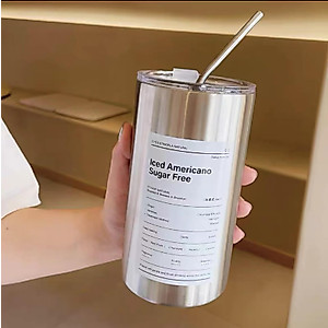 20OZ insulation and cooling ice cream cup, simple office portable car straw water cup, vacuum double-layer coffee cup, 304 stainless steel cold and hot drink travel cup (Silvery)