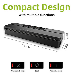 CREATIVECHEF Vacuum Sealer Machine, Compact Precision Food Vacuum Sealer, One-Touch Automatic Vacuum Sealer, for Sous Vide, Food Storage & Vacuum Sealer Bag, Include Starter Kit (Black)