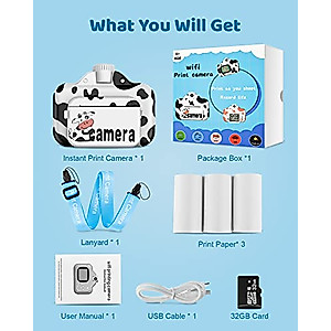 Instant Print Camera for Kids, Kids Selfie Digital Camera with 1080P Video Recorder 32G SD Card Toys for Age 3 4 5 6 7 8-10 12 Toddler Boys and Girls - White (SD Card Inserted)