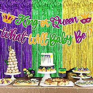 Mardi Gras Gender Reveal Decorations King Or Queen What Will Baby Be Banner Foil Curtains Backdrop Carnival Fleur De Lis Shrove Fat Tuesday New Orleans Masquerade Theme Baby Shower Party Supplies