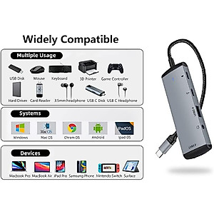 5 IN 1 USB C to 3.5mm Headphone and Charger Adapter, USB C Hub OTG USB 3.0 Data Adapter PD 60W Charger Fit with iPad Pro/iPad Air Mini/Macbook Pro/Air, Galaxy S23 S22 Note 20 Ultra, Pixel 7 6 Pro