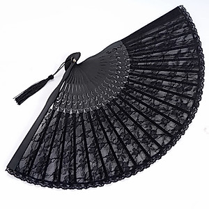 choyaxo Lace Handheld Chinese Folding Fan Bamboo Silk Folding Fan for Women Wedding Decoration Dancing Party, Black