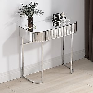 intahic Mirrored Dressing Table Makeup Vanity Table Mirrored Console Table Stainless Steel Base Frame with 1 Drawer for Women Home Office Desk bedroom furniture (A-mirrored)