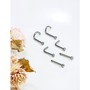 Vsnnsns G23 Titanium Nose Rings for Women 18G Bone L Shaped Nose Studs Screw Nose Rings CZ 2mm Titanium Nose Piercing Jewelry for Men 6Pcs