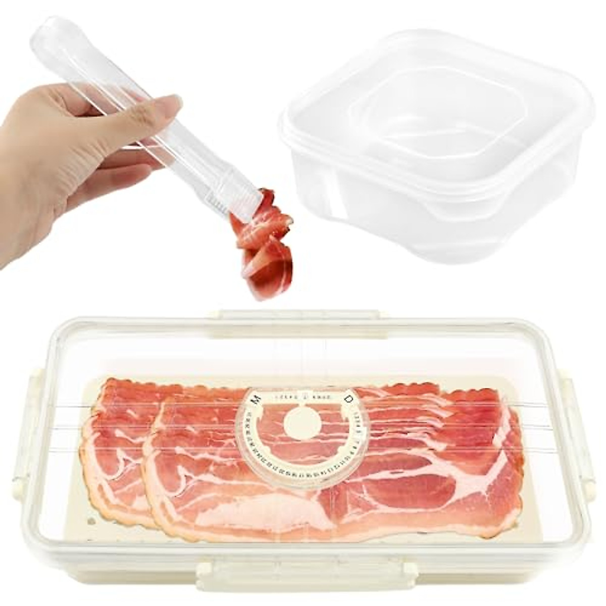 LVOERTUIG Bacon Container for Refrigerator, Airtight Meat Keeper with Lids for Fridge, Kitchen Food Storage Organizer, Bacon Storage Container with Serving Tongs and Storage Box