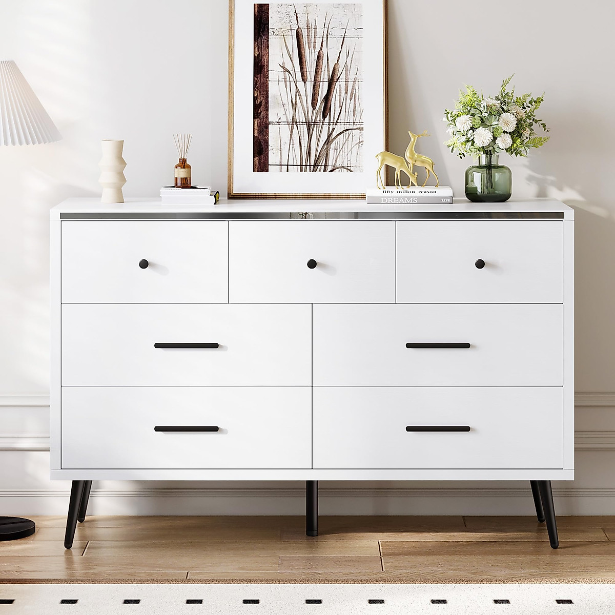 DWVO White 7 Drawer Dresser, Wood Storage Dressers & Chests of Drawers with Black Metal Handle ＆ Anti-Tipping Device, Modern Double Dresser Storage Cabinet Living Room Hallway, Entryway