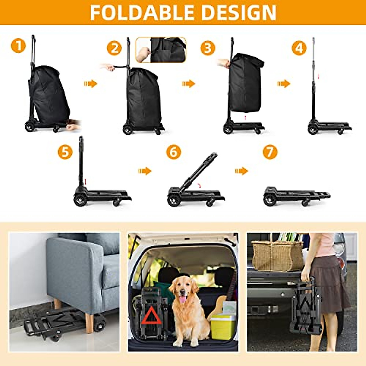 SELORSS 2-in-1 Foldable Hand Truck Utility Cart, Portable Grocery Shopping Cart with Wheels and Removable Waterproof Bag, Collapsible Lightweight Large Capacity for Supermarket, Laundry, Camping
