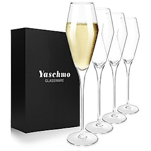 Yaschmo Champagne Flutes Glasses Set of 4, 8.4 oz Hand Blown Crystal Wedding Flutes Glasses, Elegant Tulip Glasses - Ideal Gift for Wedding, Anniversary,Christmas Day (4 Count (Pack of 1))