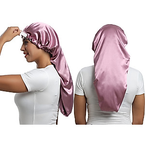 SAYMRE Satin Bonnet Silky Sleep Cap,Adjustable Hair Bonnet for Braids Curly Hair (Long Size, Long Champagne)