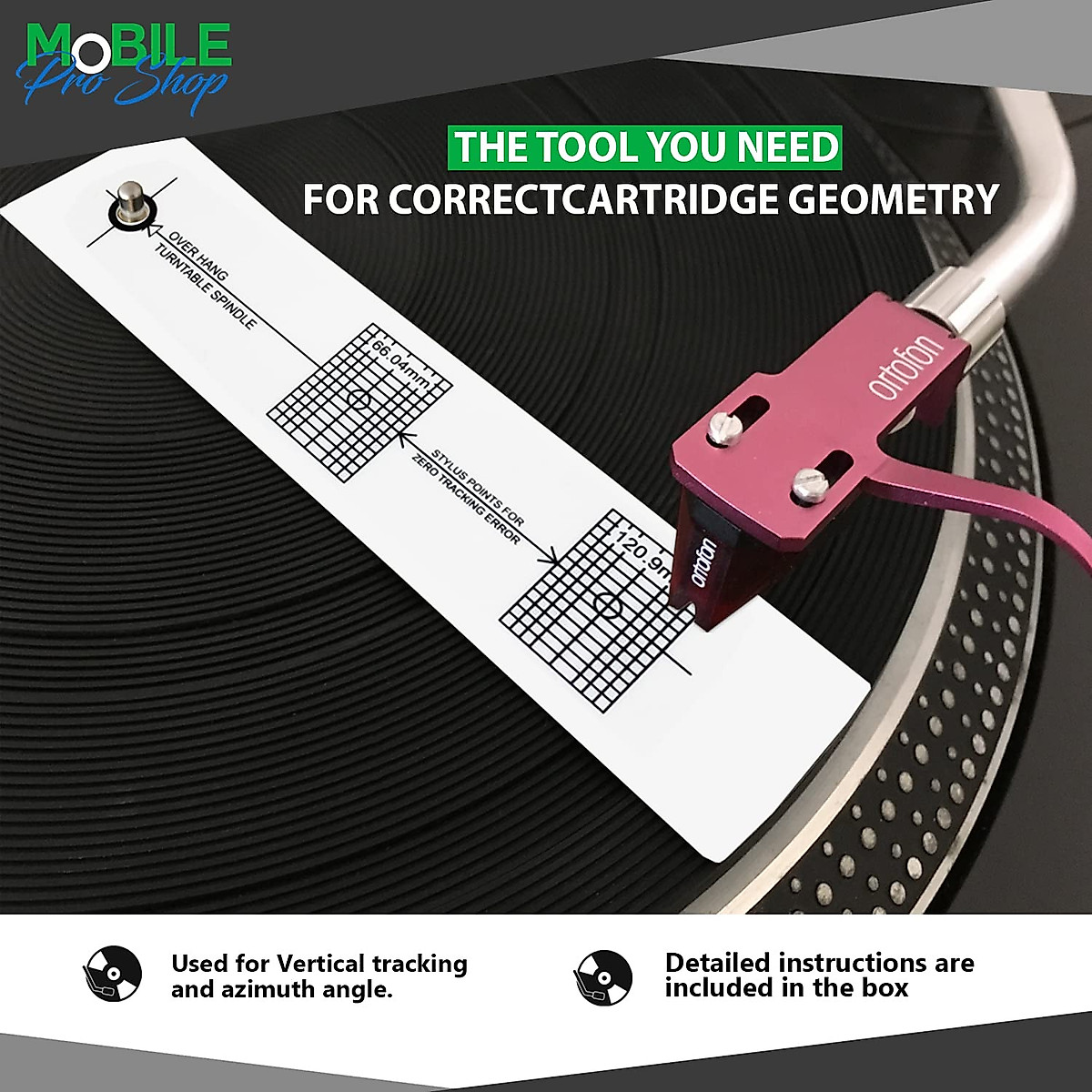 Mobile Pro Shop Turntable Azimuth Cartridge Alignment Protractor Set- Vinyl Record Player VTA Azimuth Ruler + Turntable Phono Cartridge Stylus Alignment Protractor