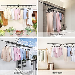 NesTidy Retractable Drying Rack, 3 x 25 L T-fold Clothes Drying Rack Space Saving with Towel Rod and Hanger Organizer, Wall Mounted Clothes Hanger Rack for Balcony, Laundry, Bathroom, Closet