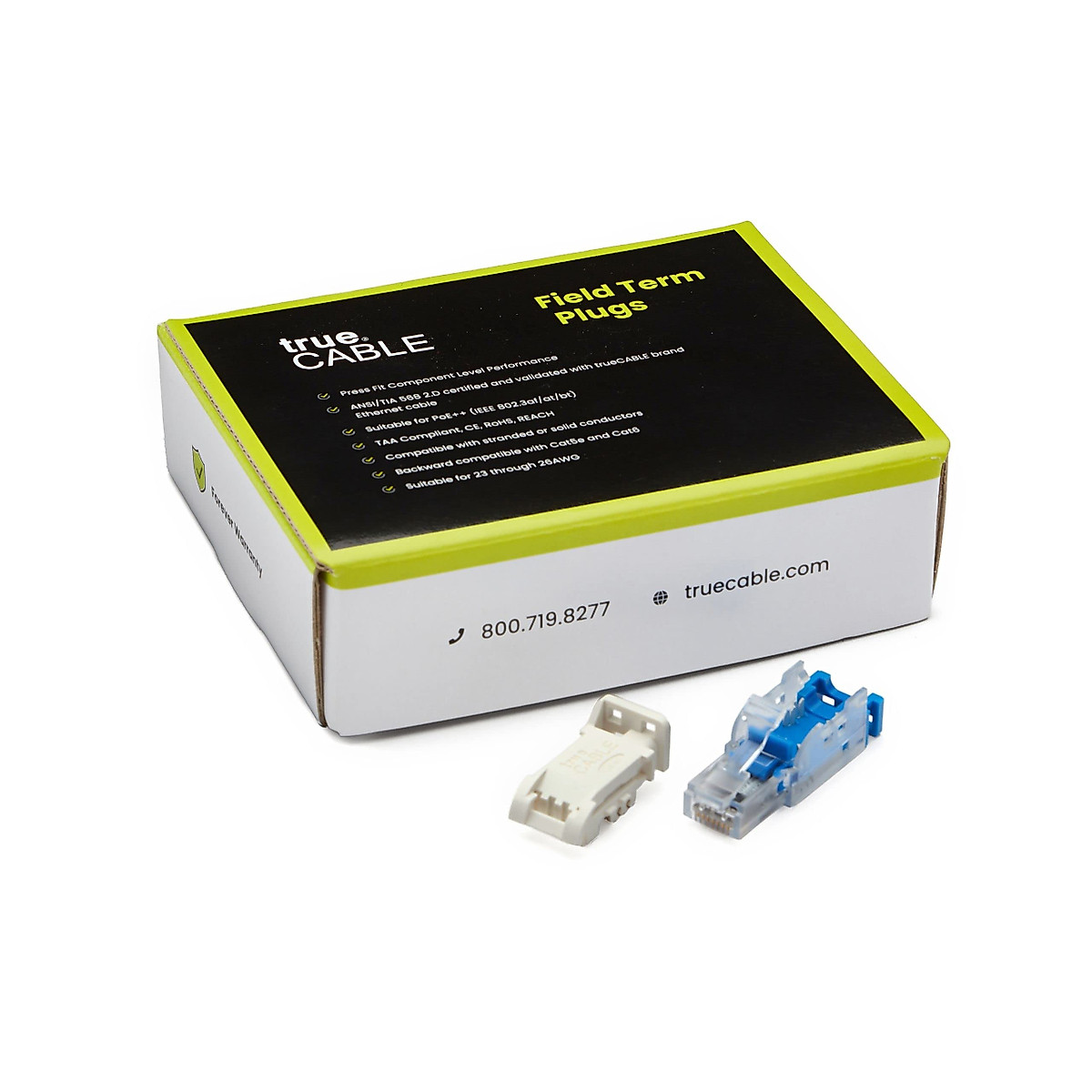 trueCABLE Cat6A Toolless Field Termination Plug, Unshielded (UTP), PoE++ (4PPoE), TAA Compliant, ANSI/TIA & ISO/IEC Certified, CE Listed, Modular RJ45 Male Connector, 12 Pack