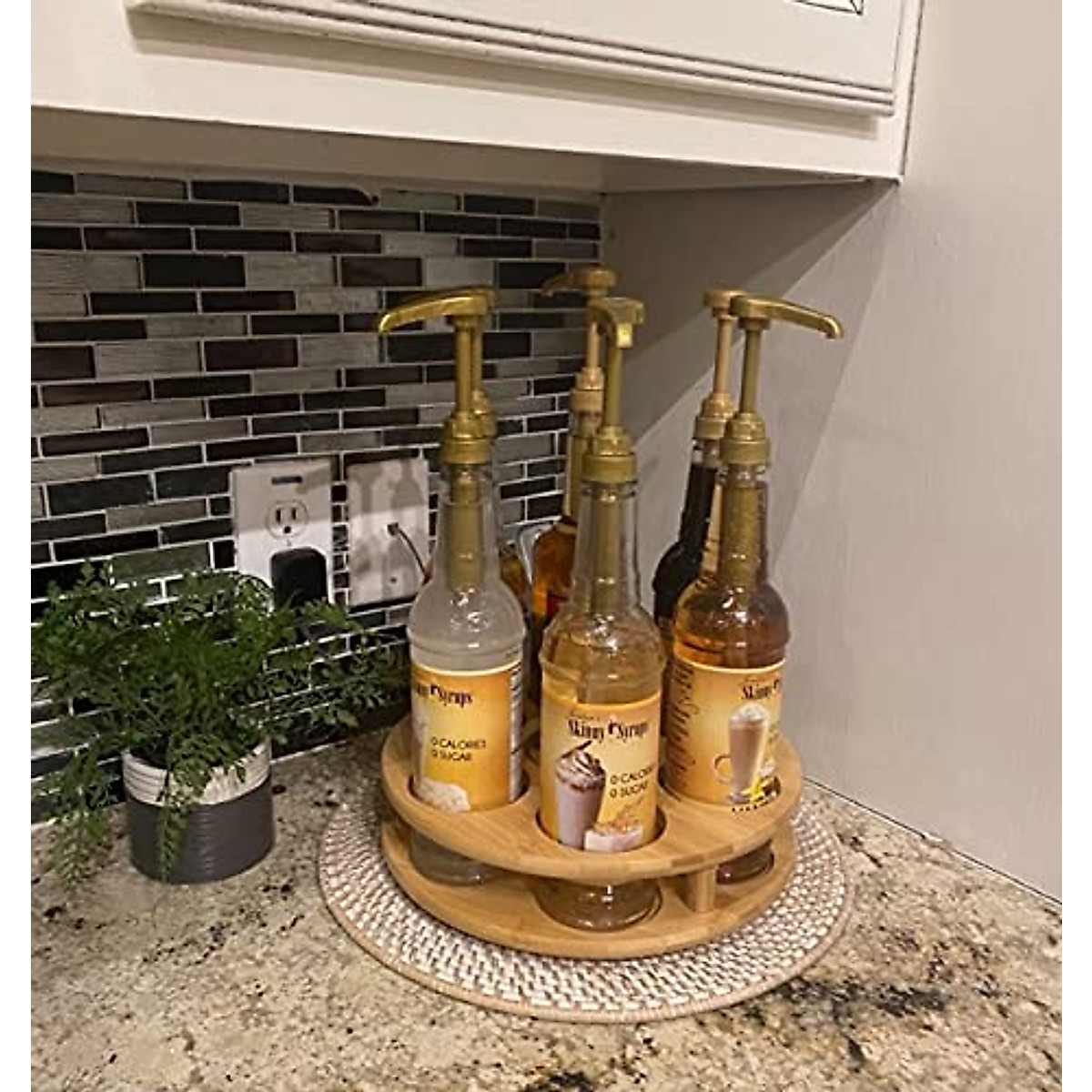 7 Bottles Coffee Syrup Rack- Rotating Syrup Bottle Holder Organizer- Kitchen Rack and Cobinet- Tabletop Freestanding Wine Rack- Lazy Susan for Bottle of Wine, Oil, Sauce, Alcohol