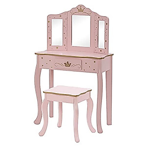 UTEX Pretend Play Kids Vanity Table and Chair Vanity Set with Mirror Makeup Dressing Table with Drawer，Play Vanity Set,Pink