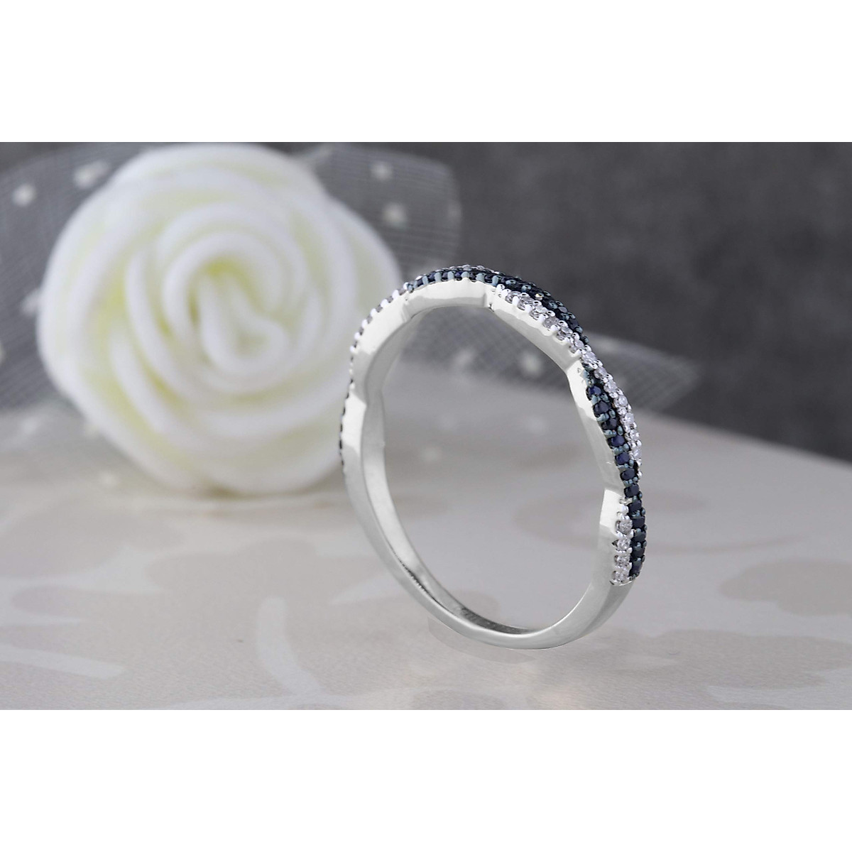 Dazzlingrock Collection Round Blue Sapphire & White Diamond Swirl Stackable Ring for Women in 14K Solid White Gold, Size 6.5