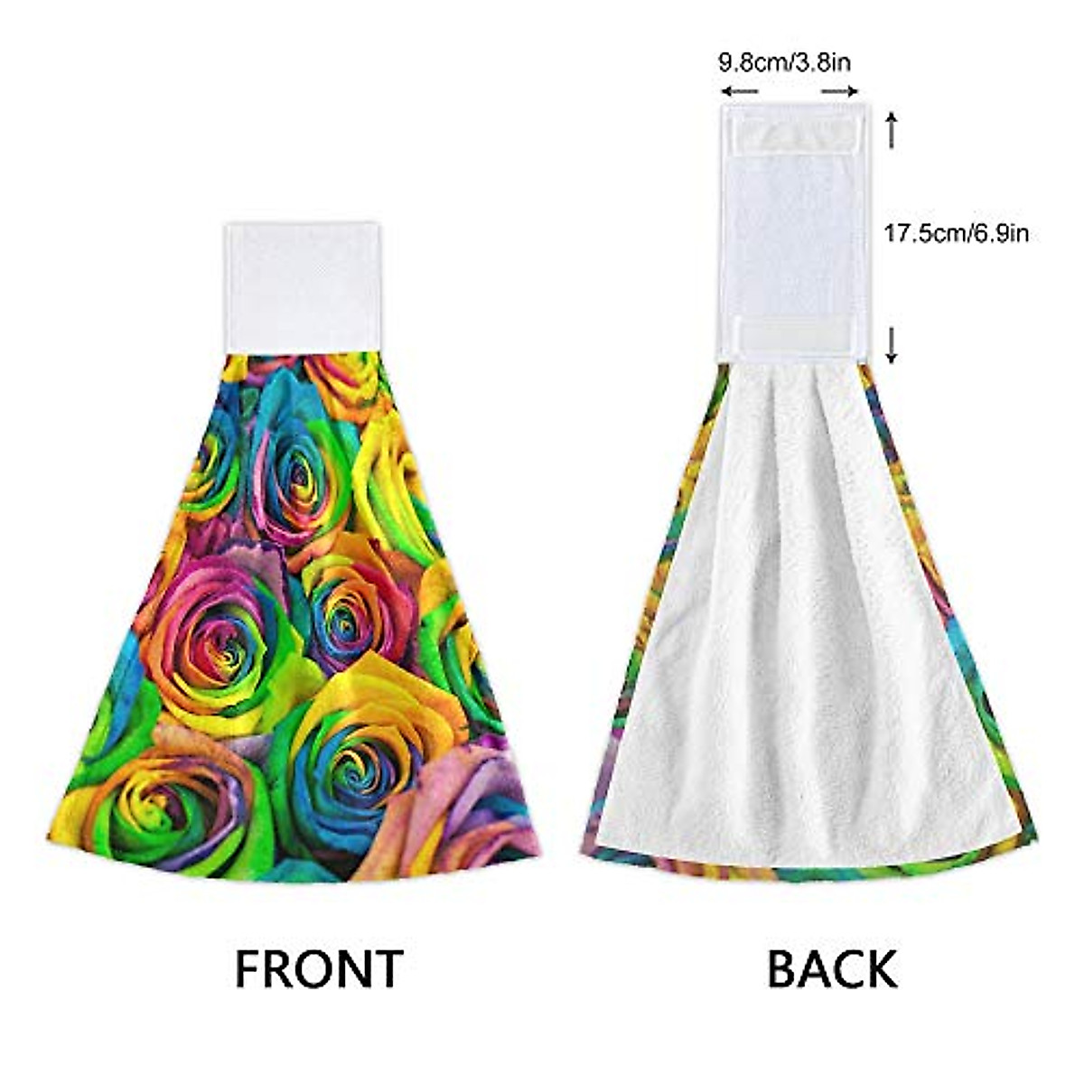 YYZZH Colorful Floral Print Rainbow Rose Flower Valentines Day Kitchen Hand Towels with Hook & Loop Set of 2 Absorbent Bath Hand Towel Hanging Tie Towel