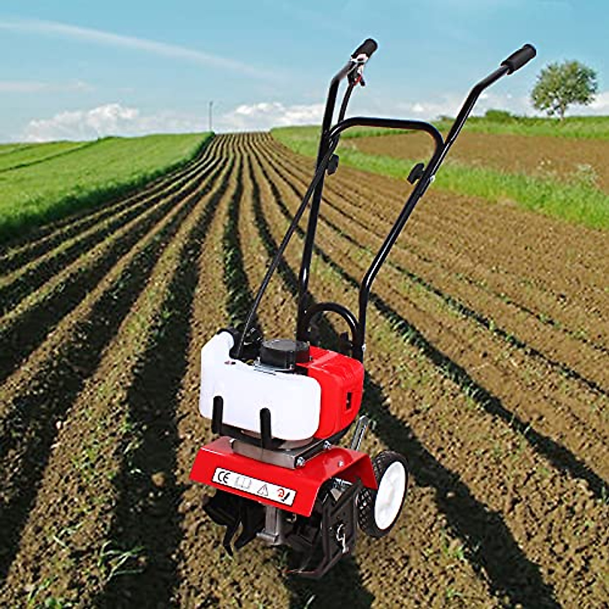 Small Garden Tiller Cultivator, Gas Powered 52cc Rototillers Air-Cooled 2 Stroke Engine Garden Yard Tilling Tool