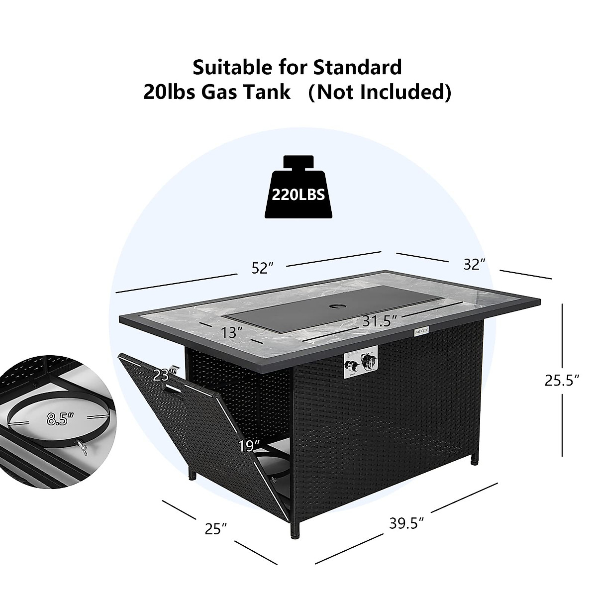 Tangkula 52 Inches Wicker Patio Propane Fire Pit Table, Patiojoy 50,000 BTU Outdoor Gas Fire Table with Auto-Ignition, Hideaway Tank Holder, Marble Tabletop, Lava Rocks, Protective Cover and Lid