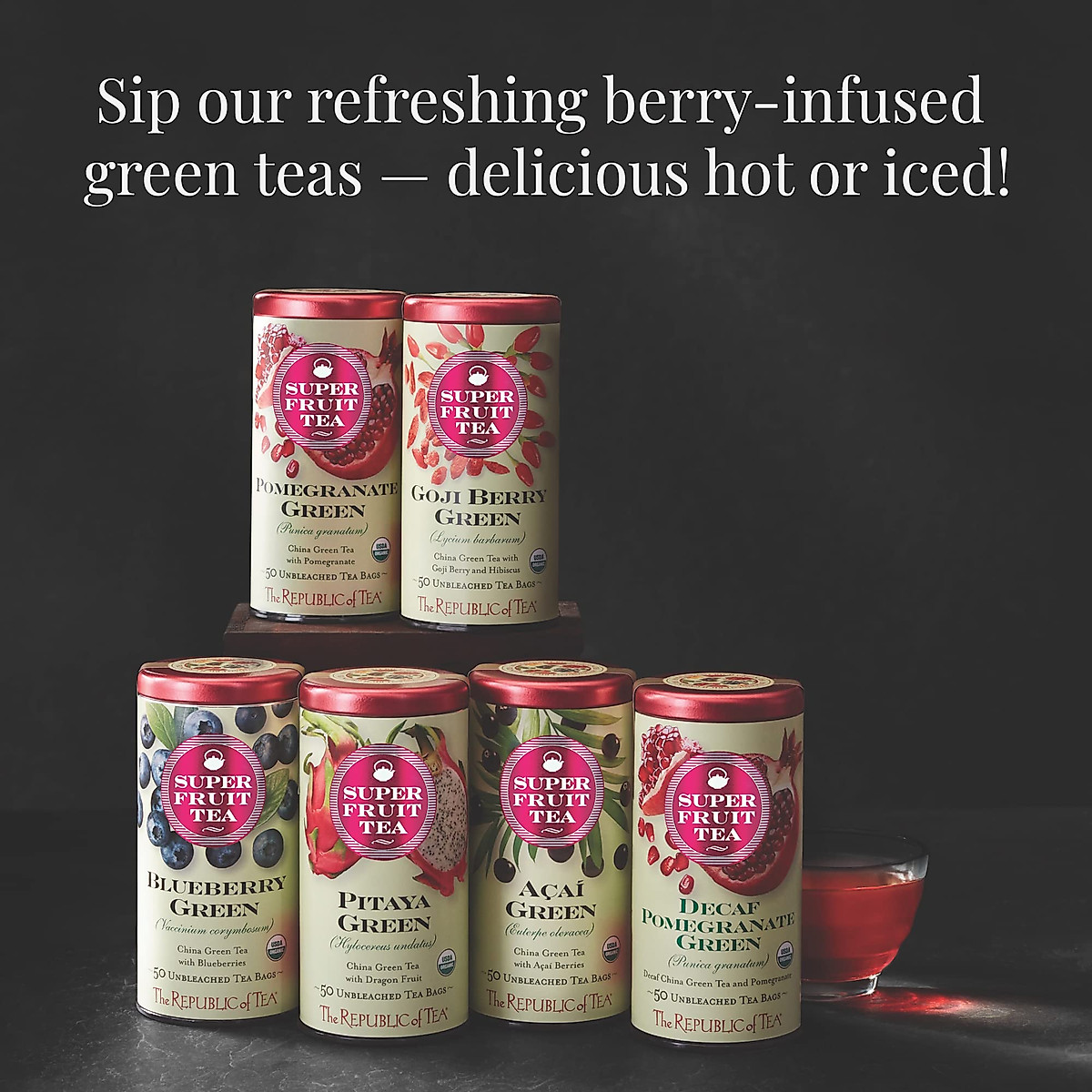 The Republic of Tea Organic Blueberry Green Superfruit Tea, 50 Tea Bag Tin