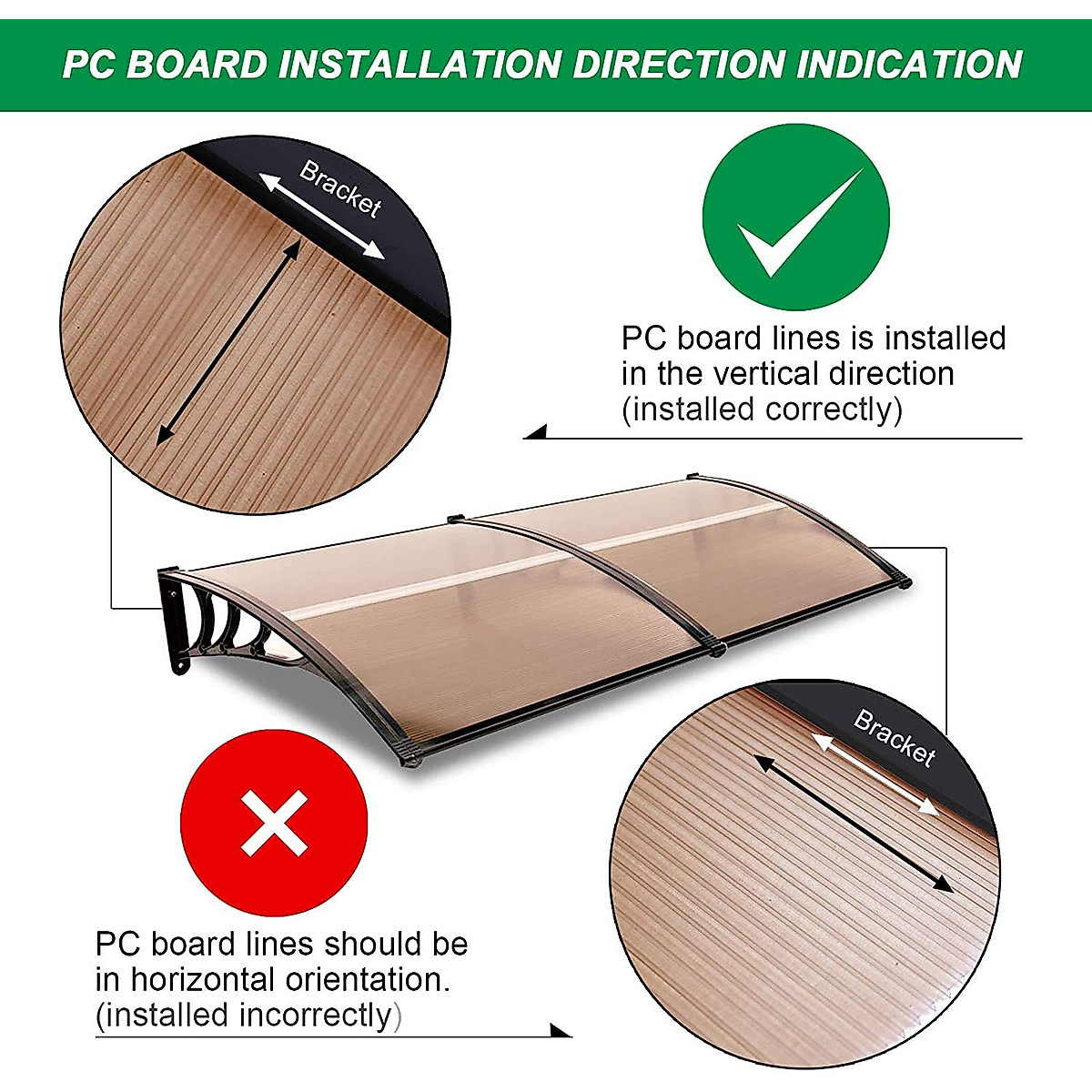 116 inch / 78 inch / 39 inch Window Awning Outdoor Polycarbonate Hollow Sheet Door Patio Canopy (40''x 80'', Dark Brown Canopy + Black Bracket)