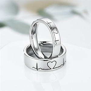 COLORFUL BLING 2 Piece/Set Silver Stainless Steel Heart Rings Love Heart electrocardiogram Couple Ring Hypoallergenic Promise Ring-size 6