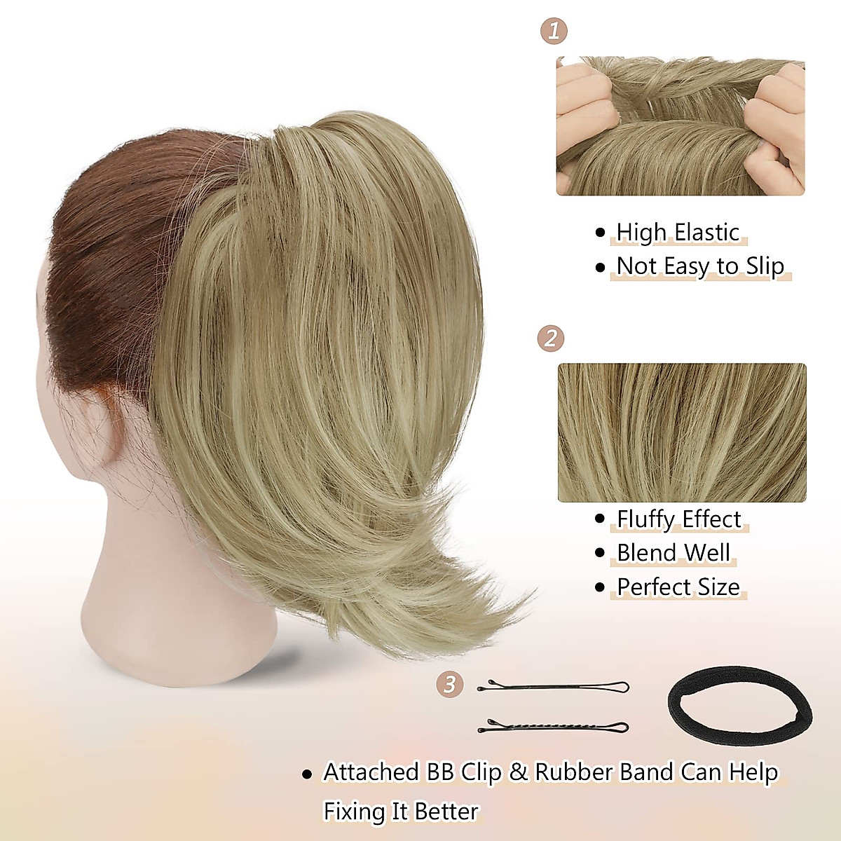 BARSDAR Straight Hair Bun Extensions - Short Straight Ponytail Blonde Hair Bun Extensions for Women, Synthetic Elastic Messy Hair Bun Scrunchies Hairpieces Daily - Light Ash Blonde Mix