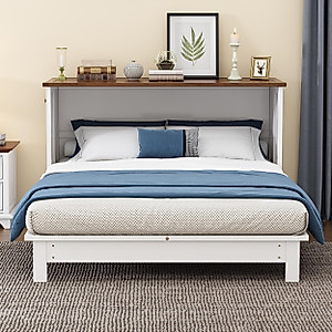 Merax Queen Murphy Bed with Storage & Charging Station, Farmhouse Solid Wood Murphy Cabinet with Foldable Panel, Noisy Free, for Guest Bedroom, Living Room, Office, White+Walnut