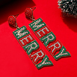 ANGLESJELL Christmas Earrings for Women Holiday Rhinestone Reindeer Dangle Earrings Xmas Jingle Bells Beaded Earrings Christmas Festive Party Jewelry Gifts (Merry)
