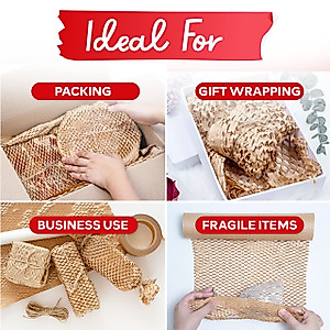 XFasten Honeycomb Packing Paper 12" x 66' Reusable Cushion Kraft Packing Paper for Moving, Alternative Bubble Packing Wrap for Breakable Dishes Packing Supplies for Moving with 20 Fragile Stickers