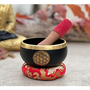 Tibetan Flower Of Life Singing Bowl Mallet Cushion Set ~ For Meditation, Yoga, Spiritual Healing and Mindfulness ~ Medium (Black)