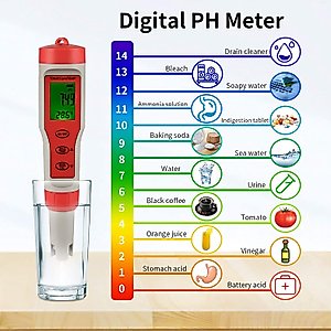 iPower Digital Water, 4 in 1 Tester with pH/TDS/EC/Temp Function, ±0.1 High Accuracy, 0-14 Measurement Range for Hydroponics, Aquarium, Pond, 4-in-1, Red and White