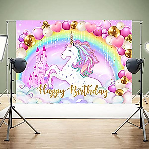 Unicorn Backdrop, Unicorn Photo Backdrops for Girls Birthday Photography 7x5ft, Rainbow Castle Pink Birthday Back Drops Background Banner Decorations for Girls Party Supplies Baby Shower Pictures