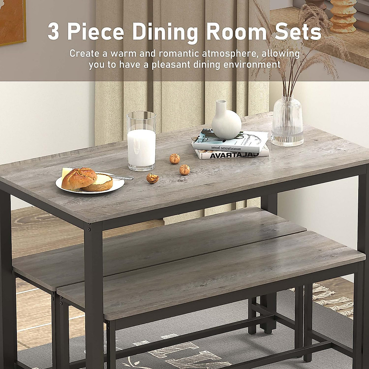 SumKea 3-Piece 4 Bar 2 Dining Benches, 43.3'' Wood Kitchen Table & Chair Set for Breakfast Nook and Small Space, Grey