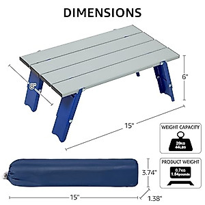 PORTAL Portable Aluminum Table with Retractable Legs and Carry Bag for Outdoor Picnic/Cooking/Camp/Travel/Beach, 15" L x 8" W x 6" H, Silver/Blue